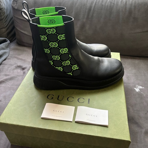Gucci | Shoes | Gucci Black Leather Boots With Neon Green Accents ...